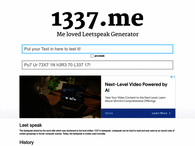 Bienvenue au 1337.me page - Pro Leetspeak Generator, Converter and Translator - 1337.me.
