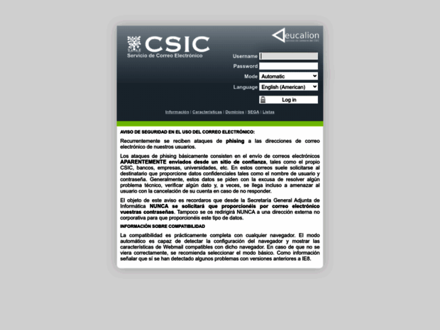 Bienvenue au webmail.csic.es page - Horde :: Log in.